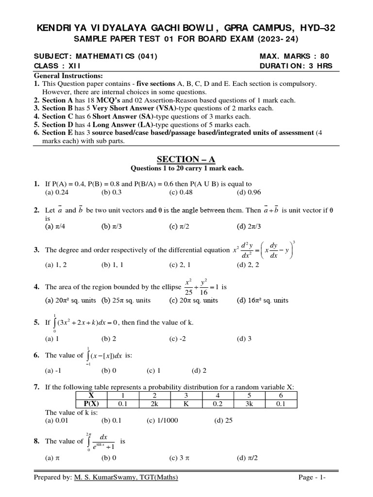 Class 12 Maths Sample Test Paper | PDF | Matrix (Mathematics) | Equations