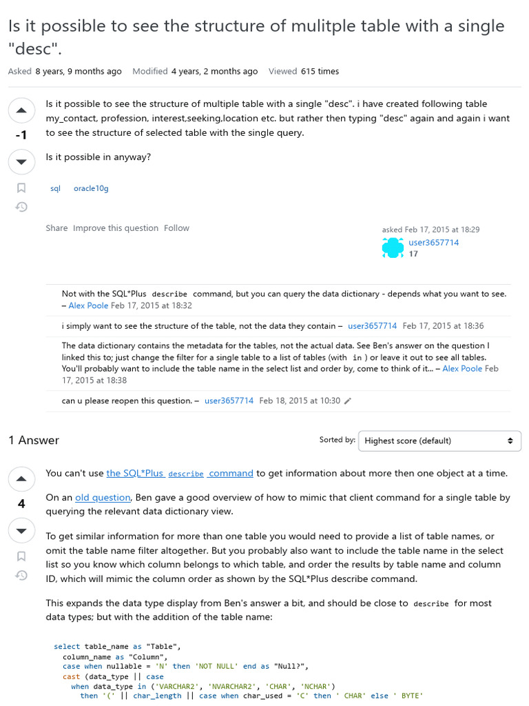 SQL - Is It Possible To See The Structure of Mulitple Table With A Single - Desc - Stack ...