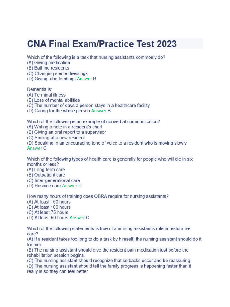 Illinois CNA State Exam Questions 2023 With Complete Solution | PDF | Nursing | Infection