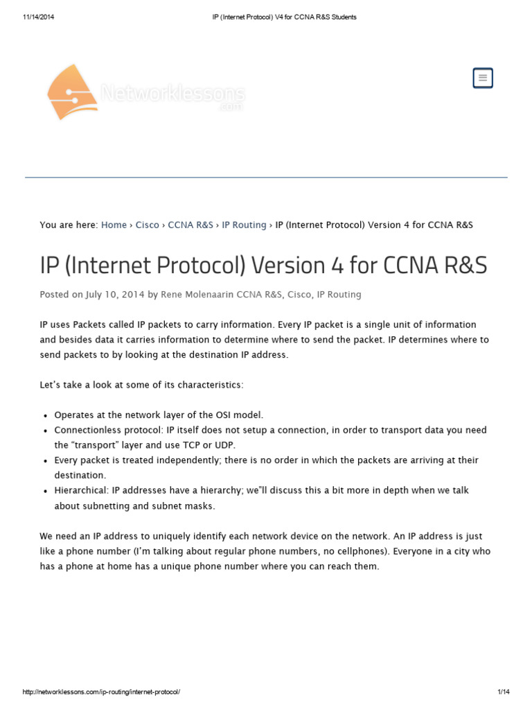 IP (Internet Protocol) V4 For CCNA R&S Students | PDF | Ip Address | Internet Protocols