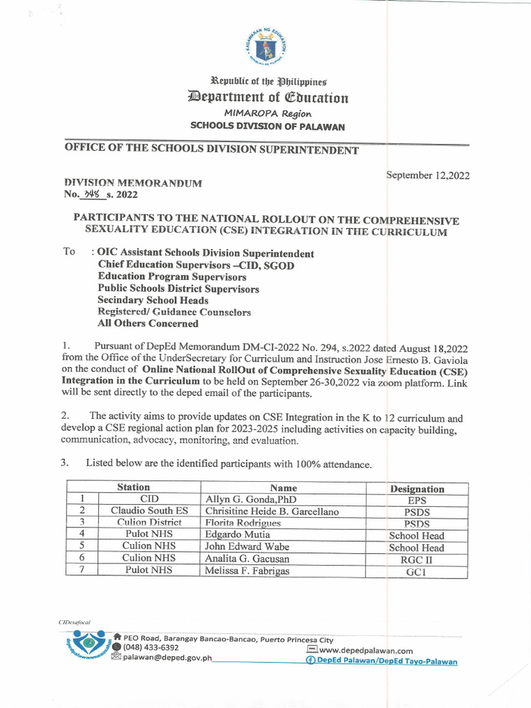 DM No. 348, S. 2022 - Participants To The National Rollout On The Comprehensive Sexuality ...