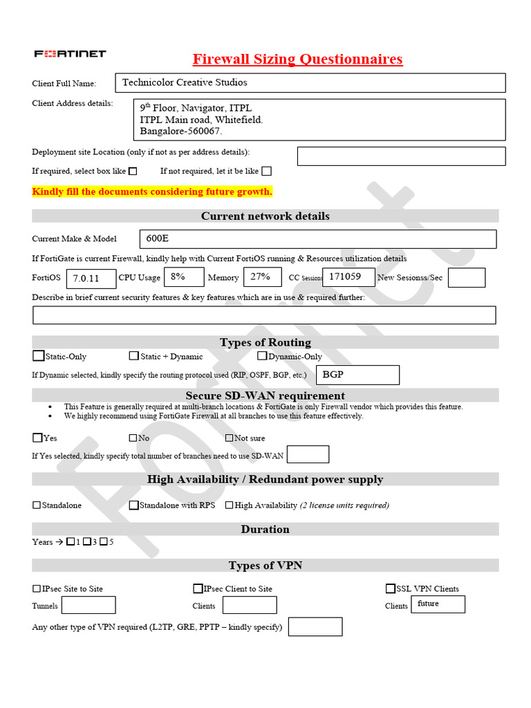 Fortinet Firewall Sizing Questionnaires 2023 | PDF | Virtual Private Network | Telecommunications