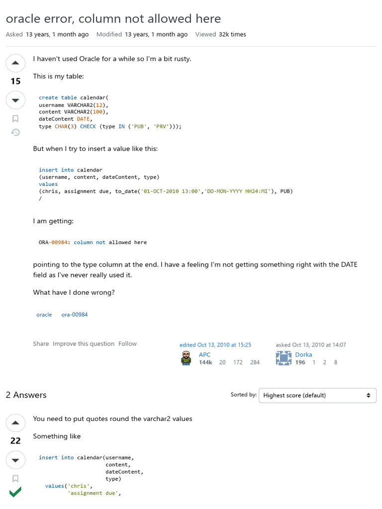 Ora 00984 Oracle Error Column Not Allowed Here Stack Overflow Pdf Software Development