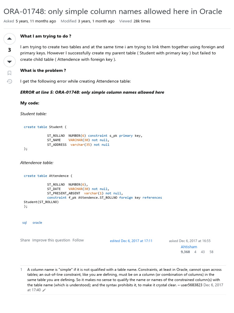 Sql Ora 01748 Only Simple Column Names Allowed Here In Oracle 1832