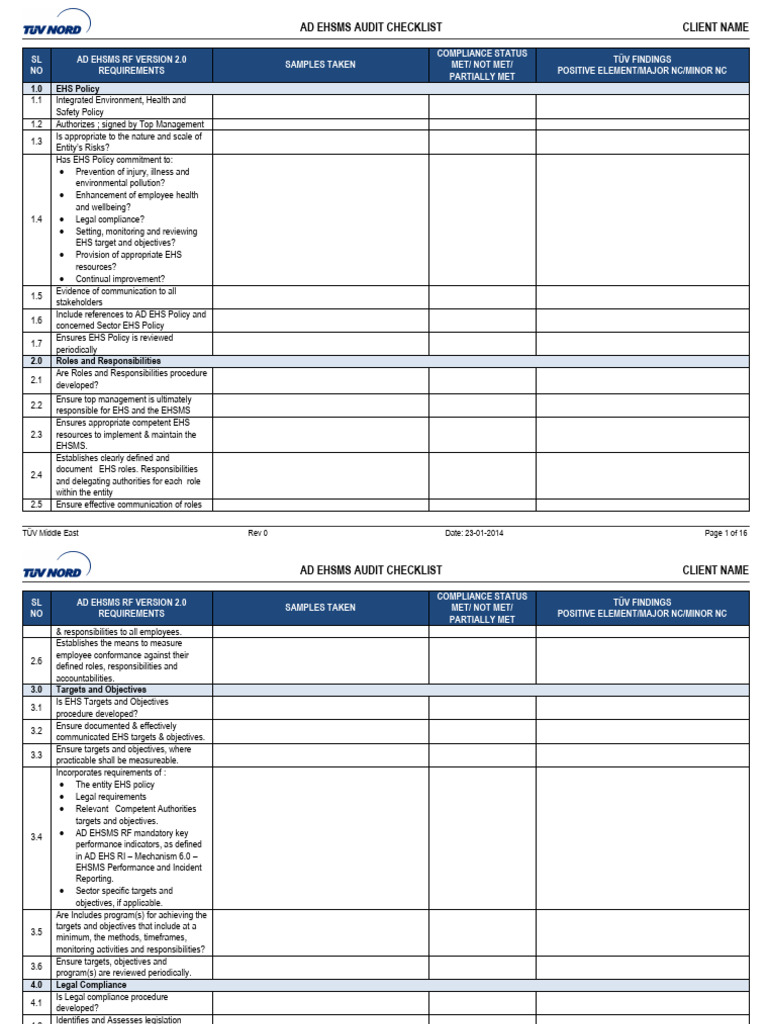 AD EHSMS Audit Checklist | PDF | Audit | Risk