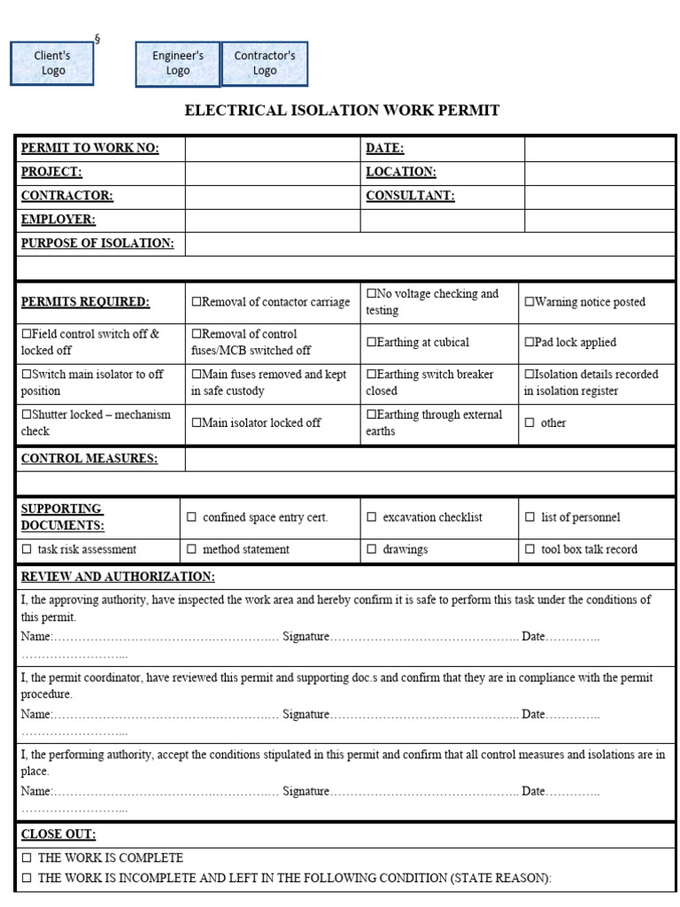 Electrical Isolation Work Permit Template | PDF | Electrical Engineering