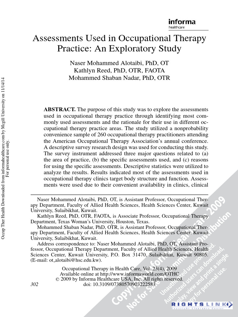 Assessments Used in Occupational Therapy | PDF | Occupational Therapy ...
