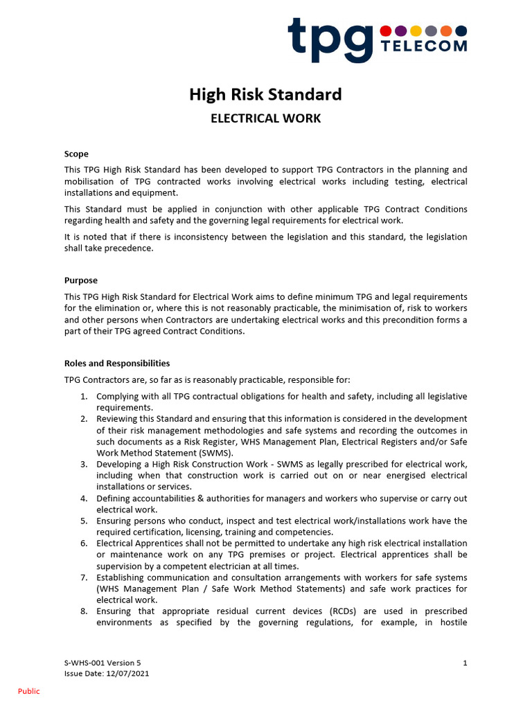 S WHS 001 V5 High Risk Standard Electrical Work | PDF | Safety ...