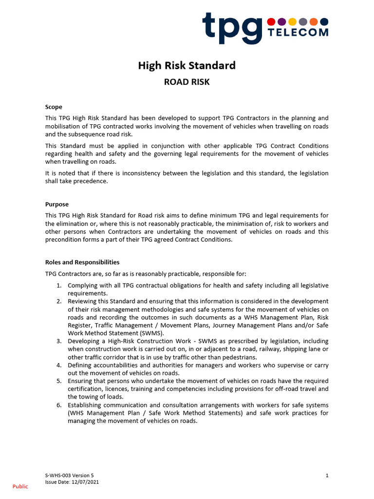 S WHS 003 V5 High Risk Standard Road Risk | PDF | Road | Vehicles