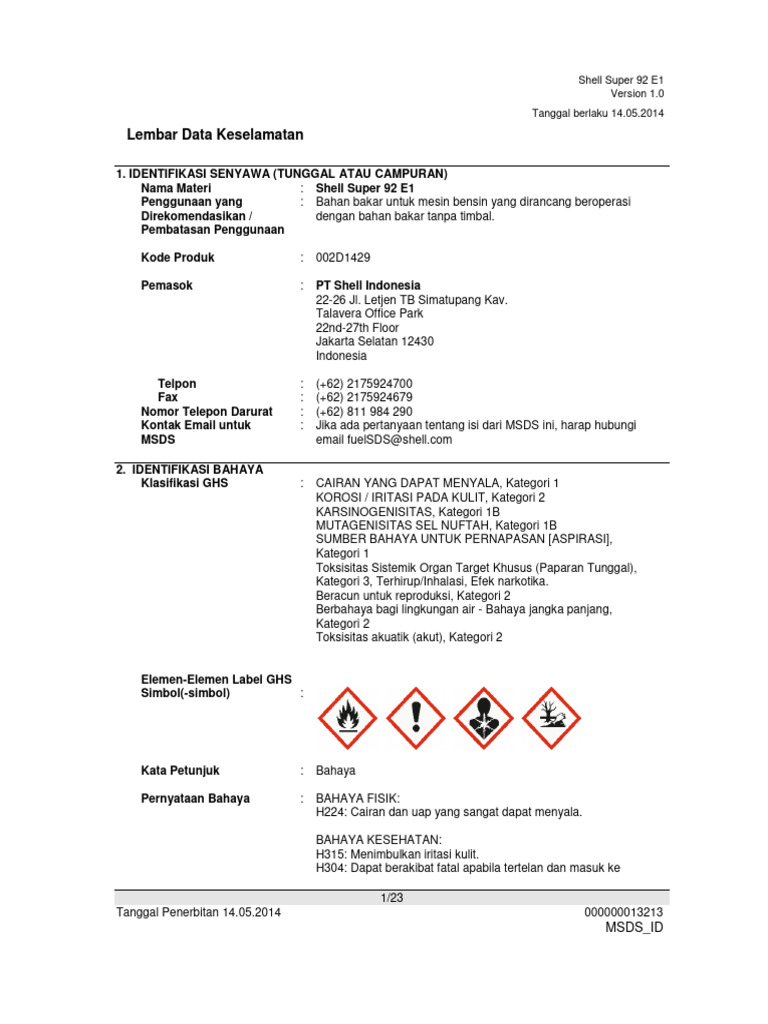 MSDS Shell Super 92: Bahaya dan Komposisi | PDF