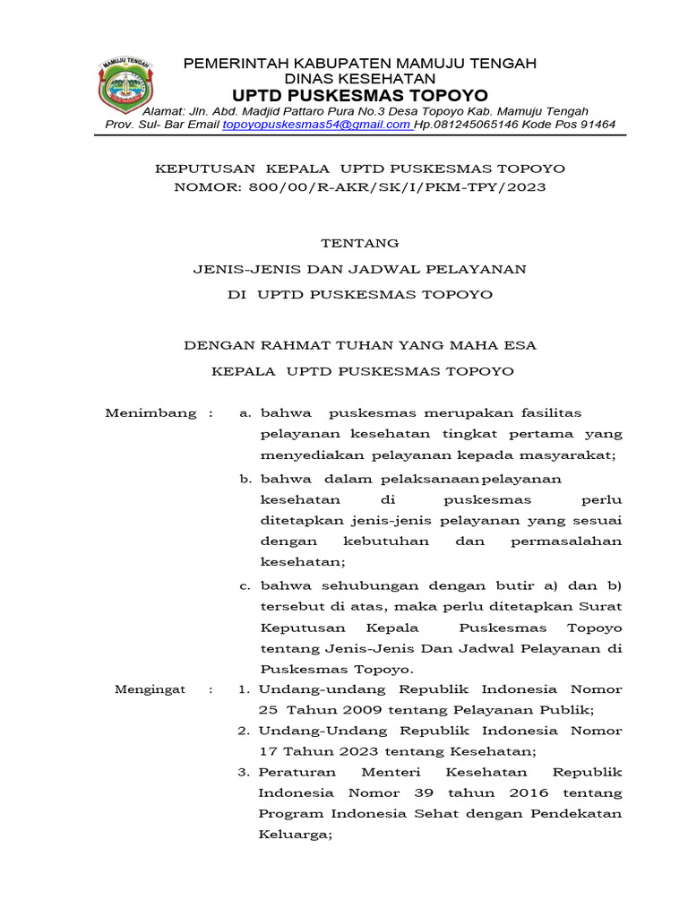2023 1.1.1.b SK Jenis-Jenis Dan Jadwal Pelayanan PKM Topoyo-Fix | PDF