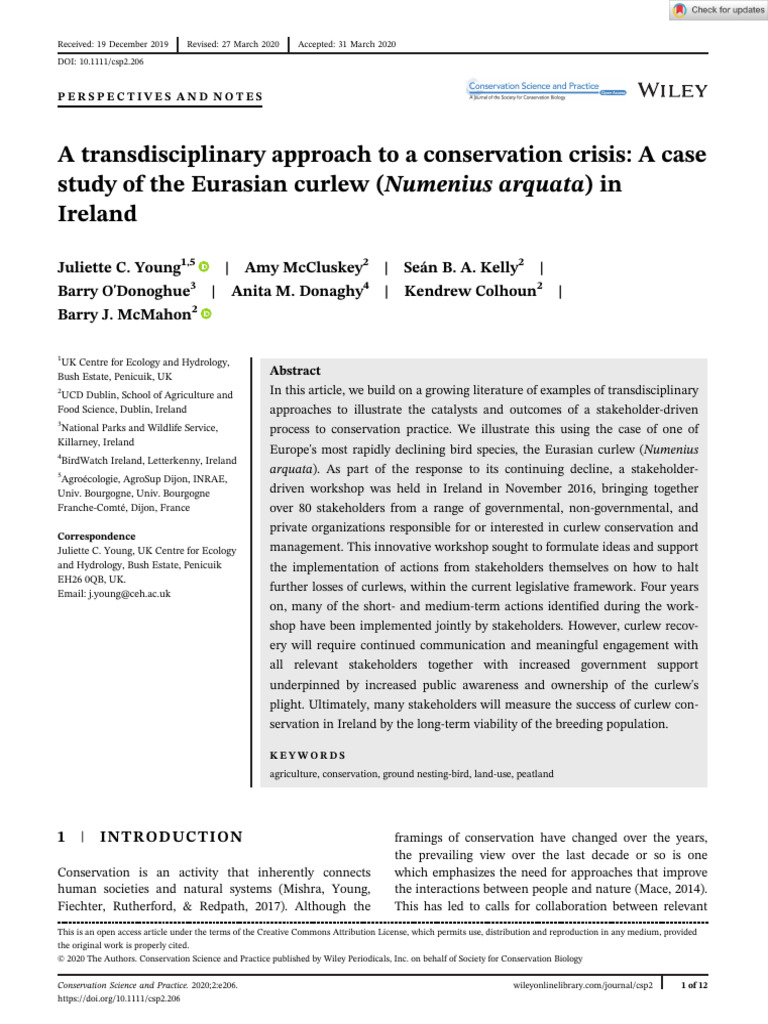 Conservat Sci and Prac - 2020 - Young - A Transdisciplinary Approach To A Conservation Crisis A ...
