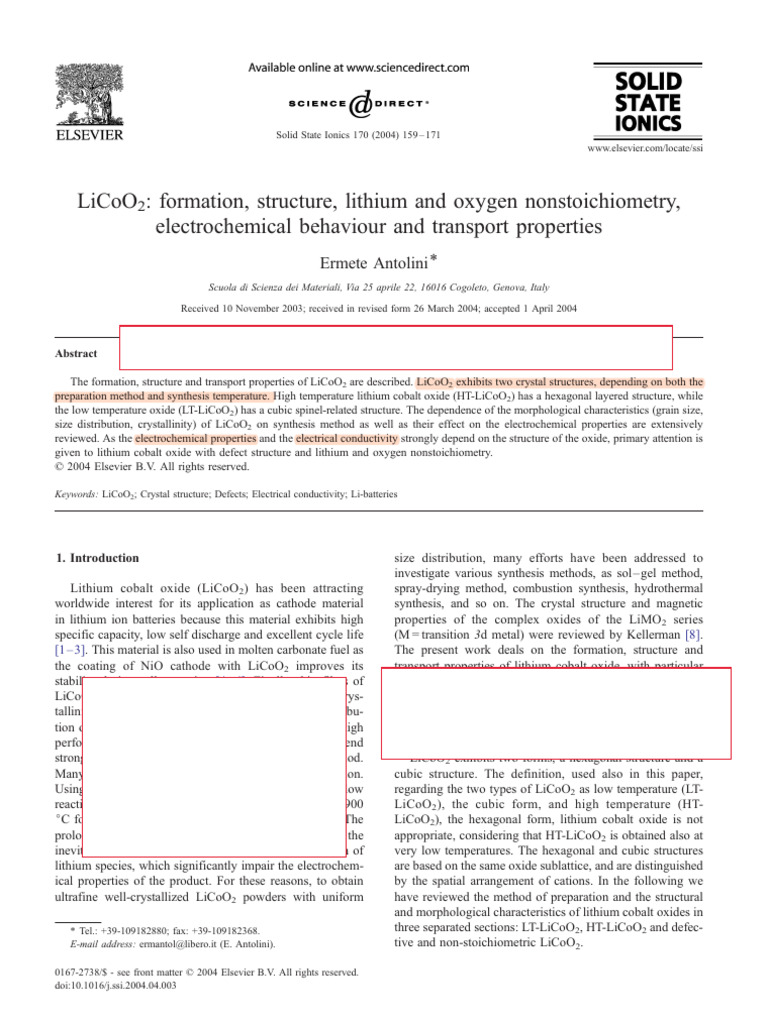 1.LiCoO2 Formation, Structure, Lithium and Oxygen Nonstoichiometry ...