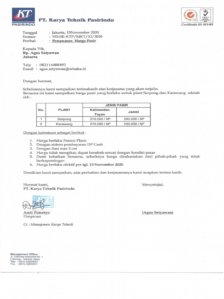 192-SK-KTP-MKT-XI-2020 Penawaran Harga Pasir - Bp. Agus Setyawan | PDF