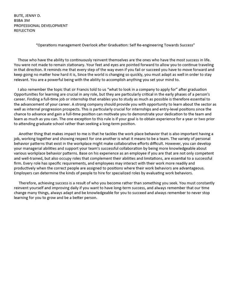 REFLECTION Professional Development | PDF | Employment | Psychological ...