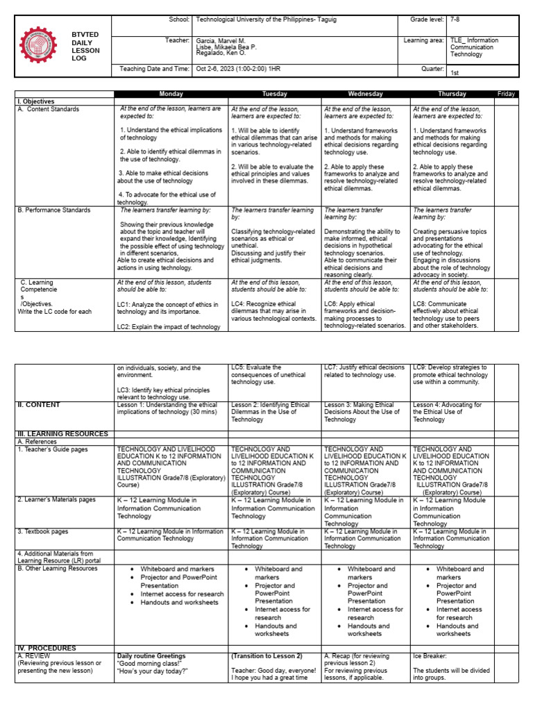 Btvted Daily Lesson Log | PDF | Privacy | Learning