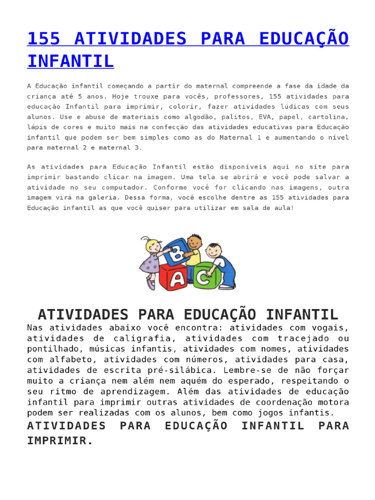 155 ATIVIDADES PARA EDUCAÇÃO INFANTIL - PDF | PDF 155 ATIVIDADES PARA EDUCAÇÃO INFANTIL - PDF | PDF