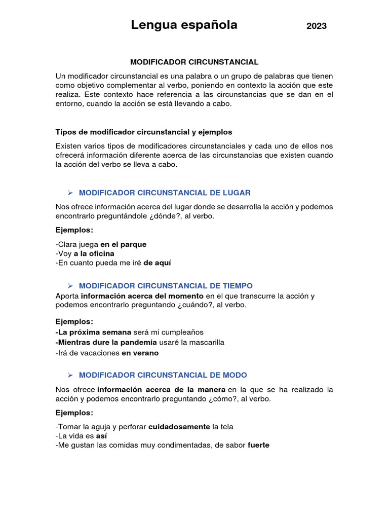 Modificadores Circunstanciales en Español | PDF | Oración (Lingüística ...