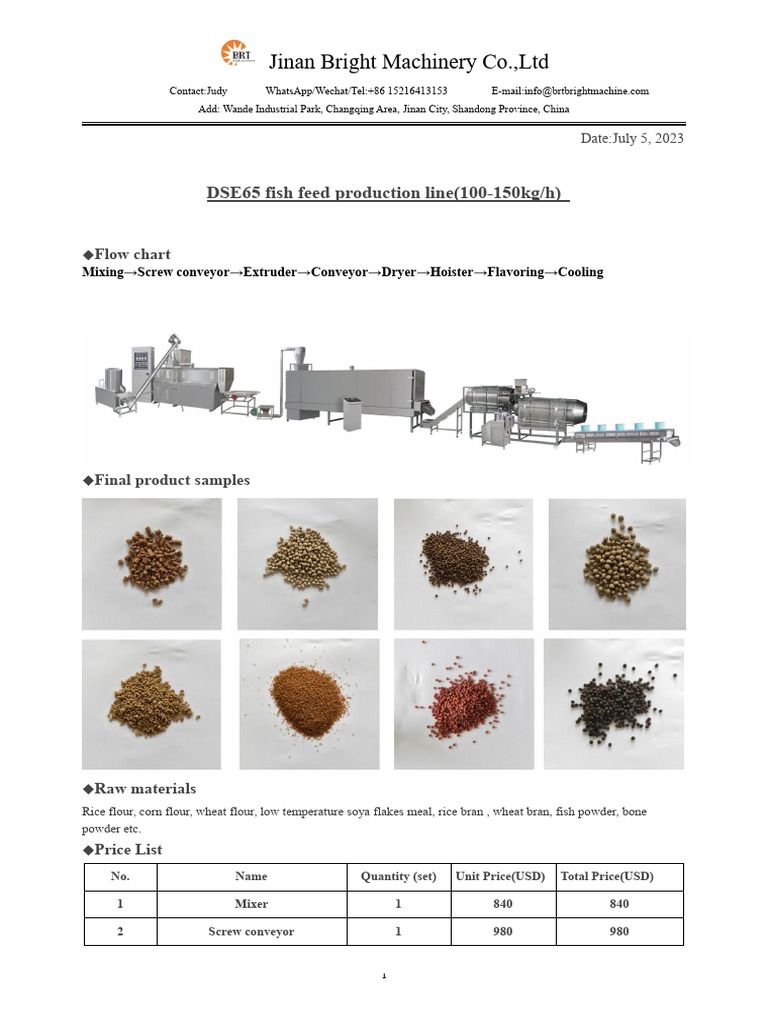 Fish Feed Production Line Quotation | PDF | Clothes Dryer | Extrusion