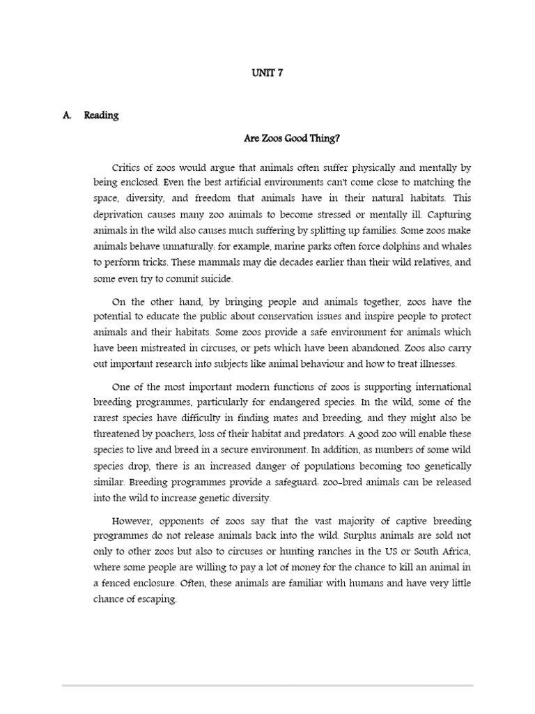UNIT 7 - Are Zoos Good Things | PDF | Zoo | Endangered Species