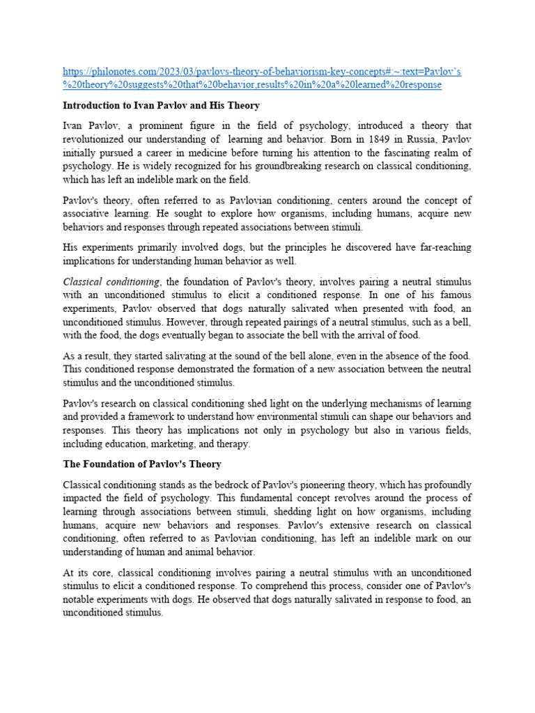 Behaviorism - Ivan Pavlov | PDF | Classical Conditioning | Learning