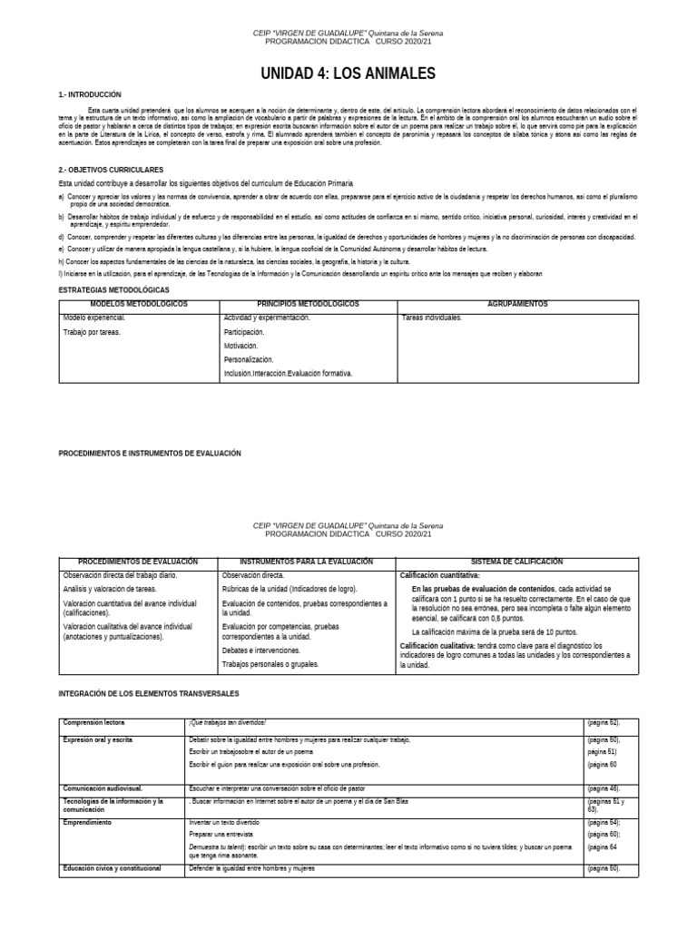 Programación Didáctica: Unidad 4 Animales | PDF | Comunicación | Evaluación