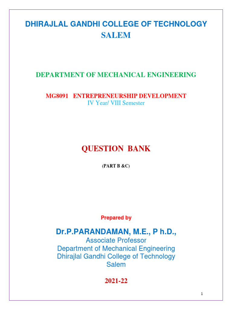 ENTREPRENEURSHIP DEVELOPMENT - QB Part B | PDF | Entrepreneurship | Taxes