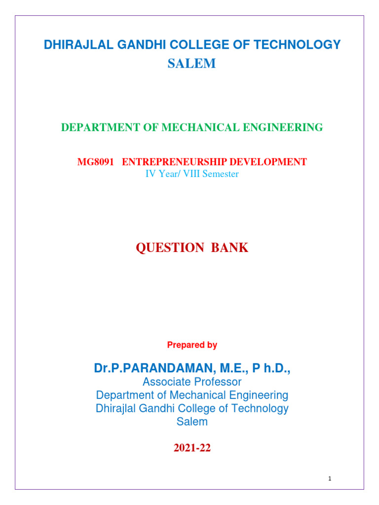 Entrepreneurship Development - Question Bank | PDF | Entrepreneurship ...