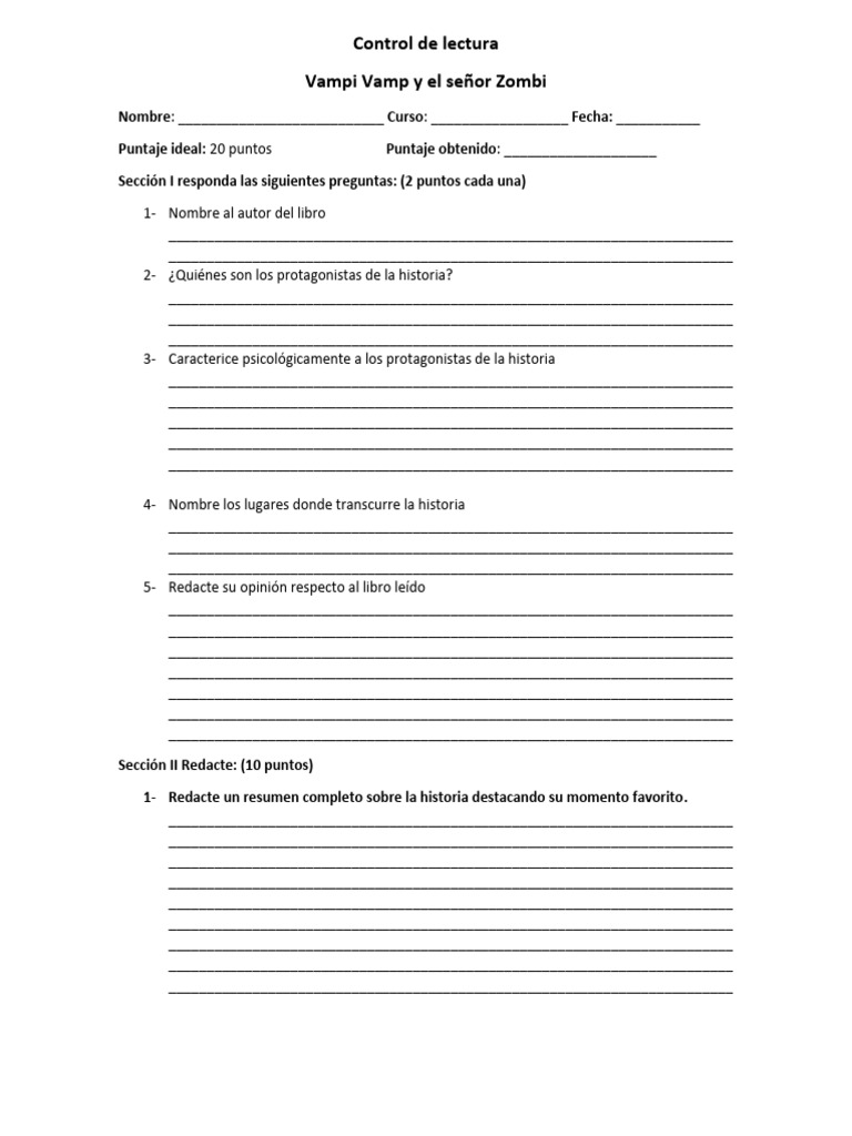Control de Lectura Vampi Vamp y El Señor Zombi 5 Año B | PDF