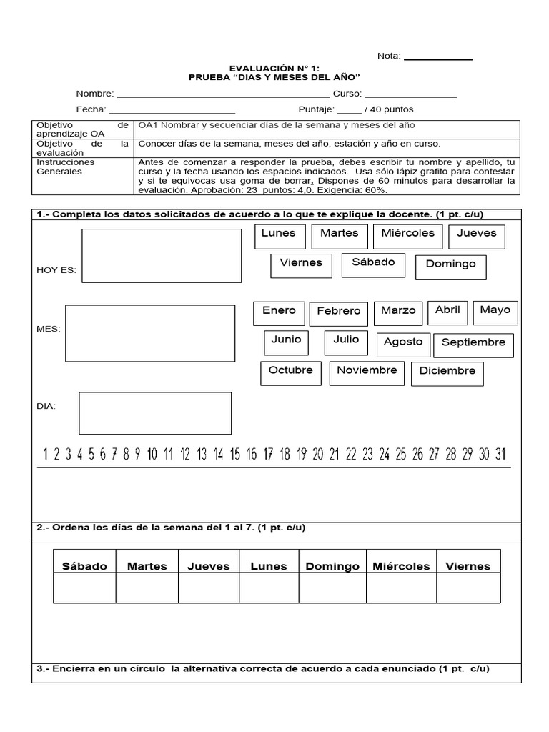 PRUEBA HISTORIA DIAS Y MESES DEL AÑO | PDF
