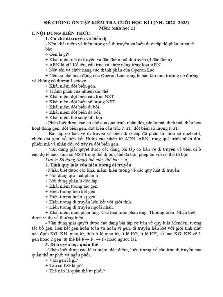 De Cuong Sinh 12cuoi HK 1 | PDF