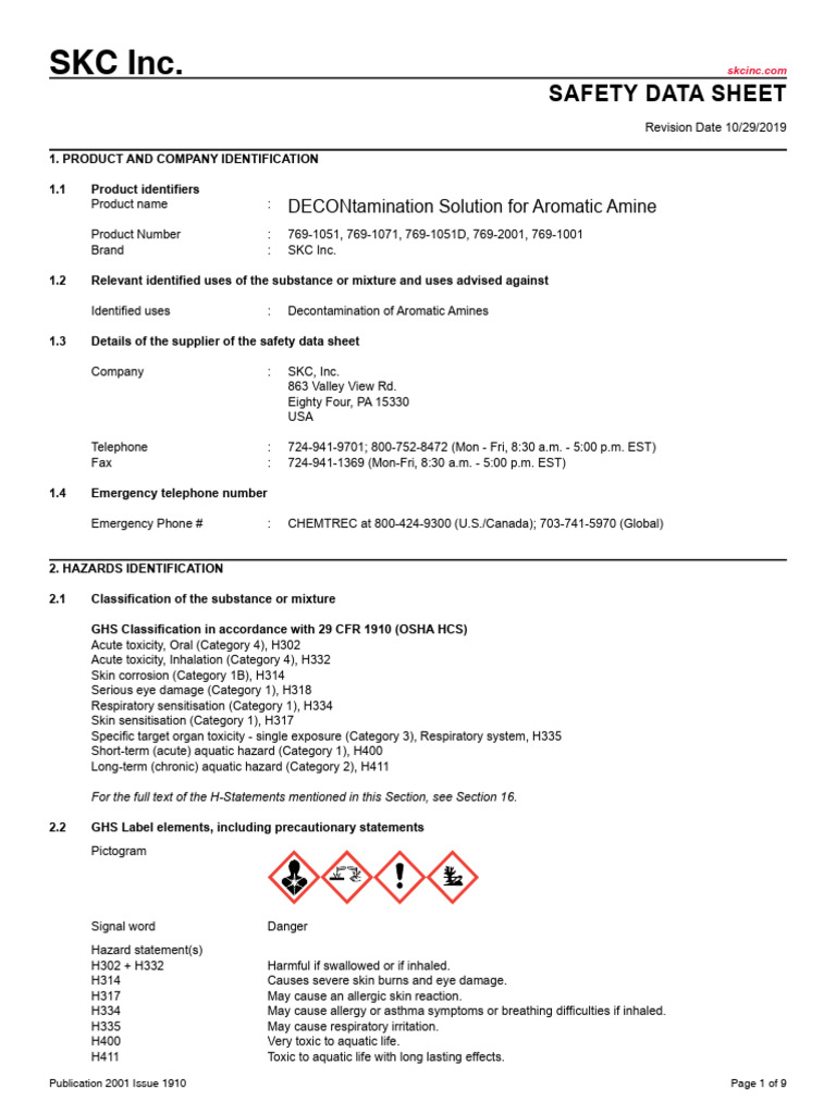 Decontamination Solution Aromatic Amine 2001 Sds | PDF | Toxicity ...