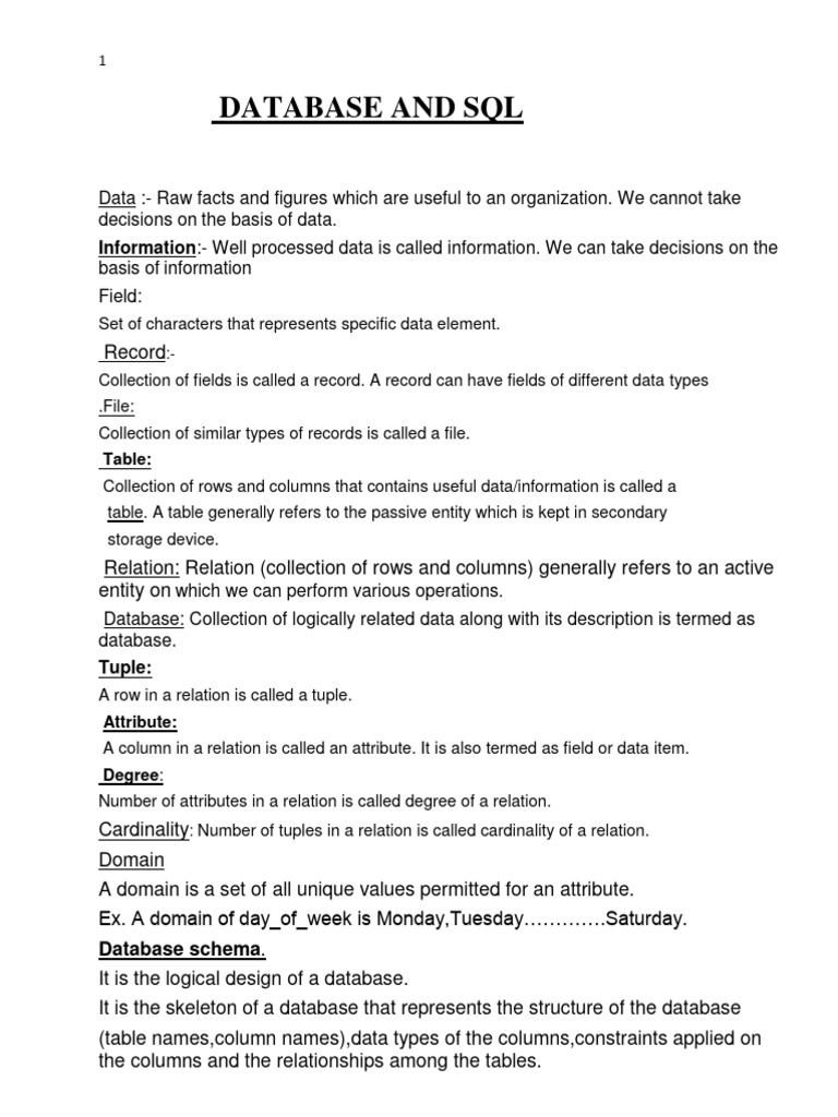 Xii Dbms SQL Notes | PDF | Relational Database | Databases Xii Dbms SQL Notes | PDF | Relational Database | Databases