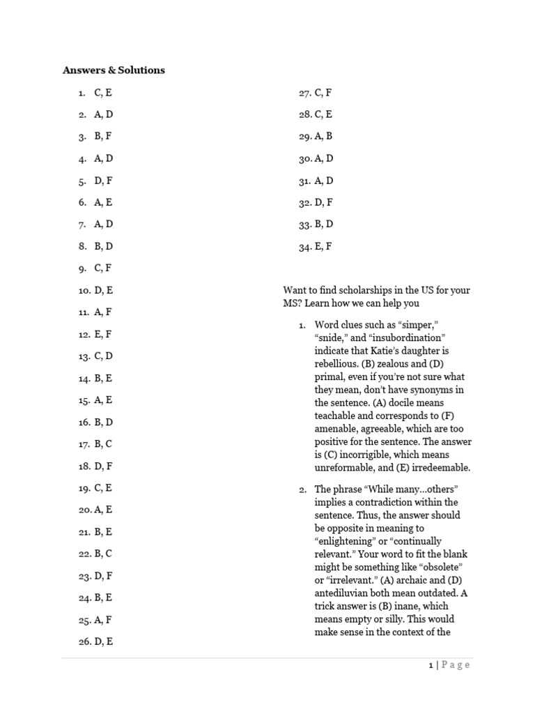 GRE Verbal Practice Answers Sentence Equivalence | Download Free PDF | Sentence (Linguistics ...