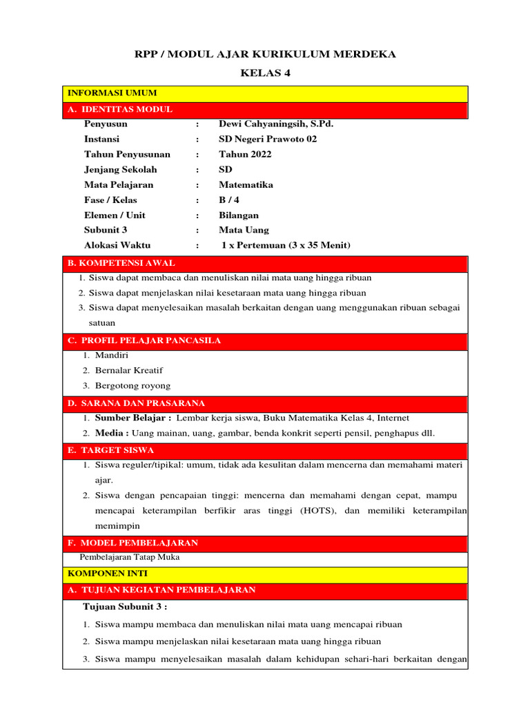 RPP Kurmer Kelas 4 | PDF