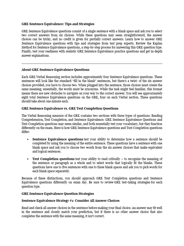 GRE Sentence Equivalence Tips and Strategies | PDF | Graduate Record ...