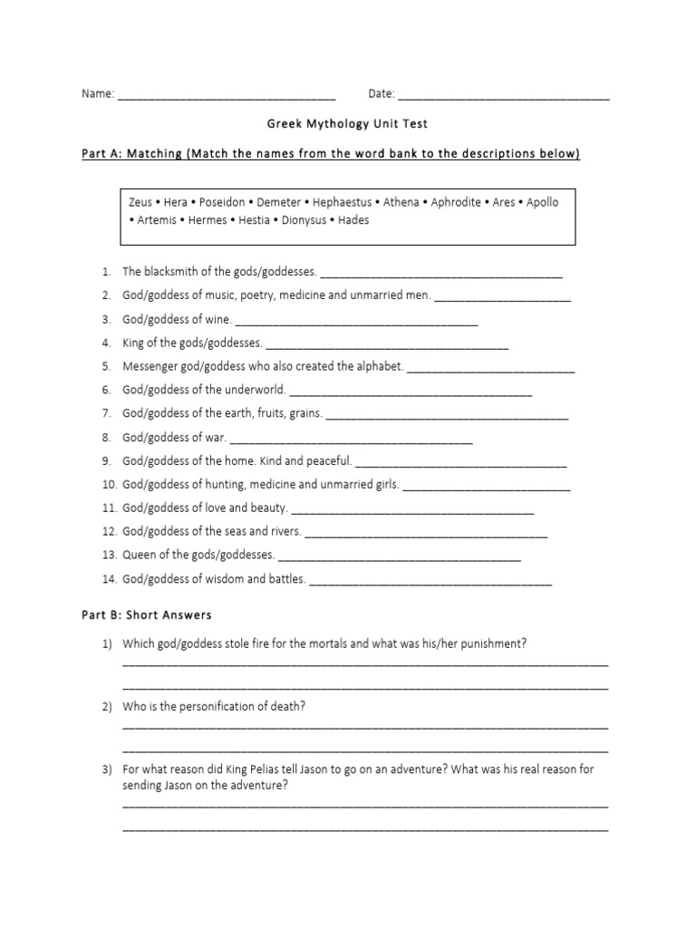 Handout-Greek Mythology Unit Test | PDF | Hades | Deities