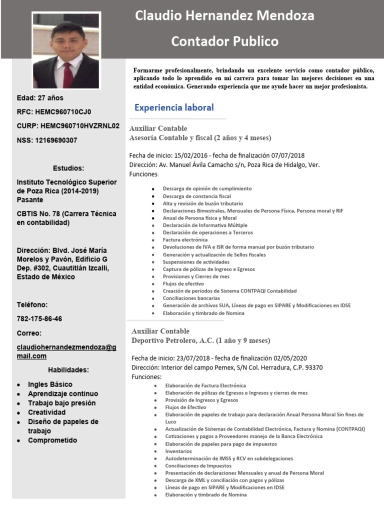CV Claudio Hernandez Mendoza | PDF | Contador | Contabilidad