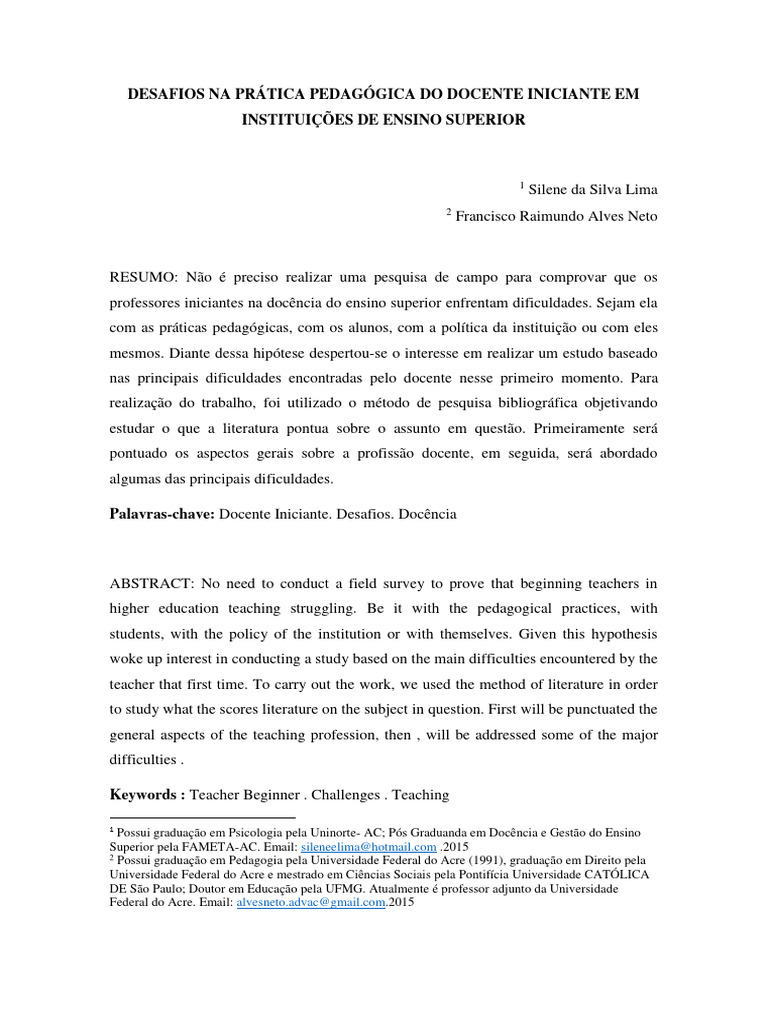 Desafios Na Pratica Pedagogica Do Docente Iniciante Em Instituições Do