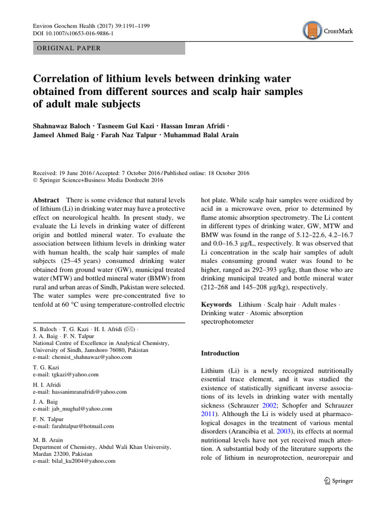 Correlation of Lithium Levels Between Drinking Water Obtained From Different Sources and Scalp ...
