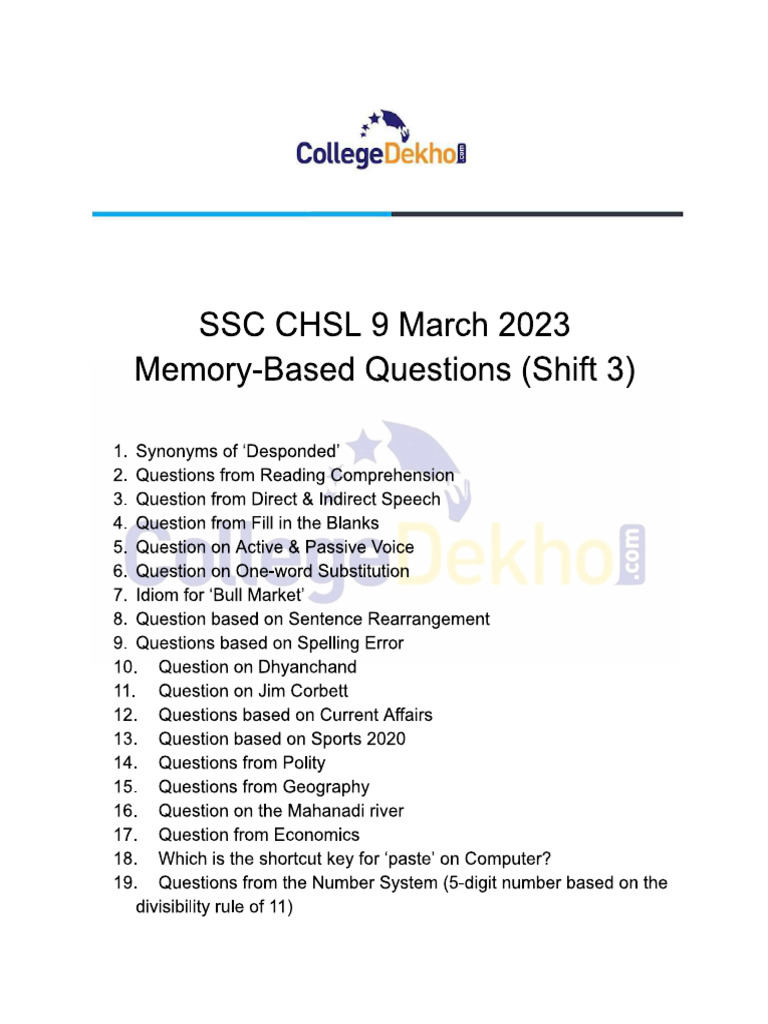 SSC CHSL 9 March 2023 Memory Based Questions Shift 3 | PDF