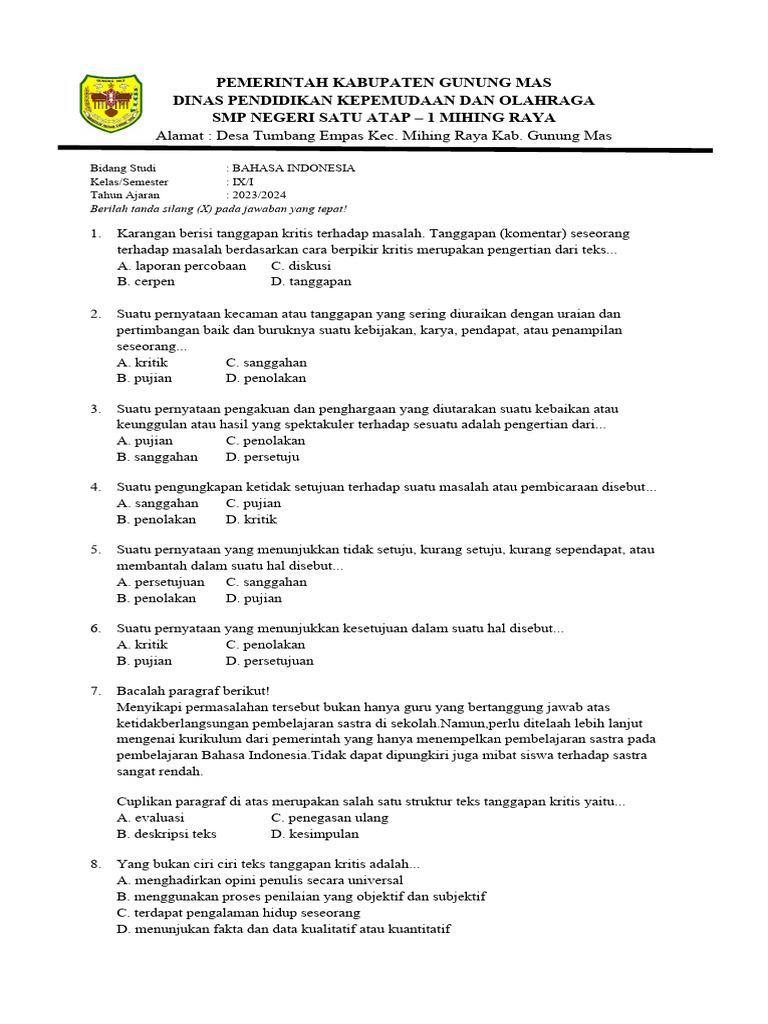 Soal Bahasa Indonesia Kls 9 | PDF