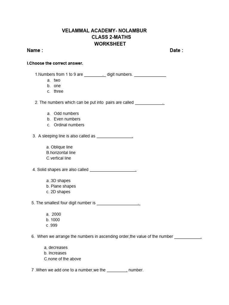 Class 2 Maths WS | PDF | Numbers | Elementary Mathematics