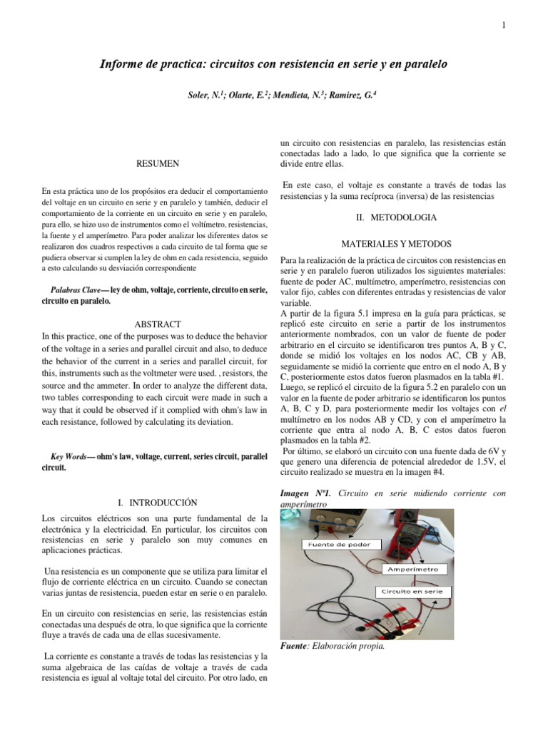 Informe de Practica: Circuitos Con Resistencia en Serie y en Paralelo | PDF | Corriente ...