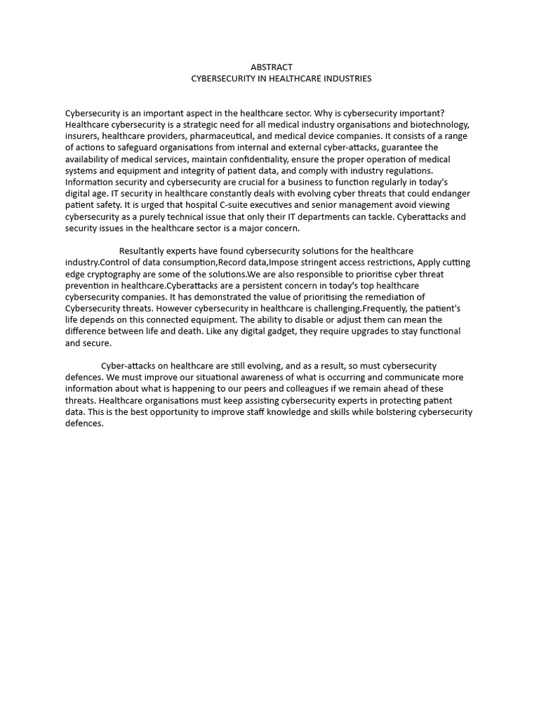 Abstract Cybersecurity in Healthcare Industry | PDF | Business | Computers