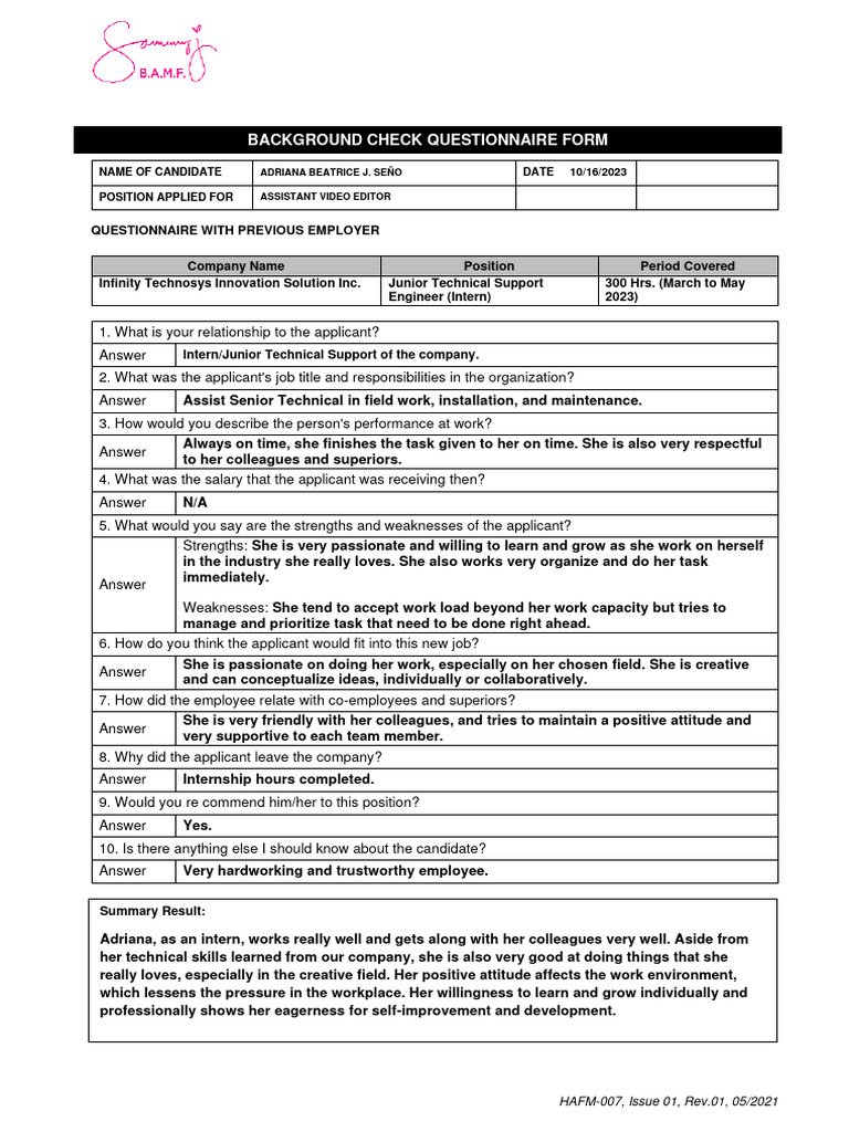 Background Check Questionnaire Form | Download Free PDF | Background ...