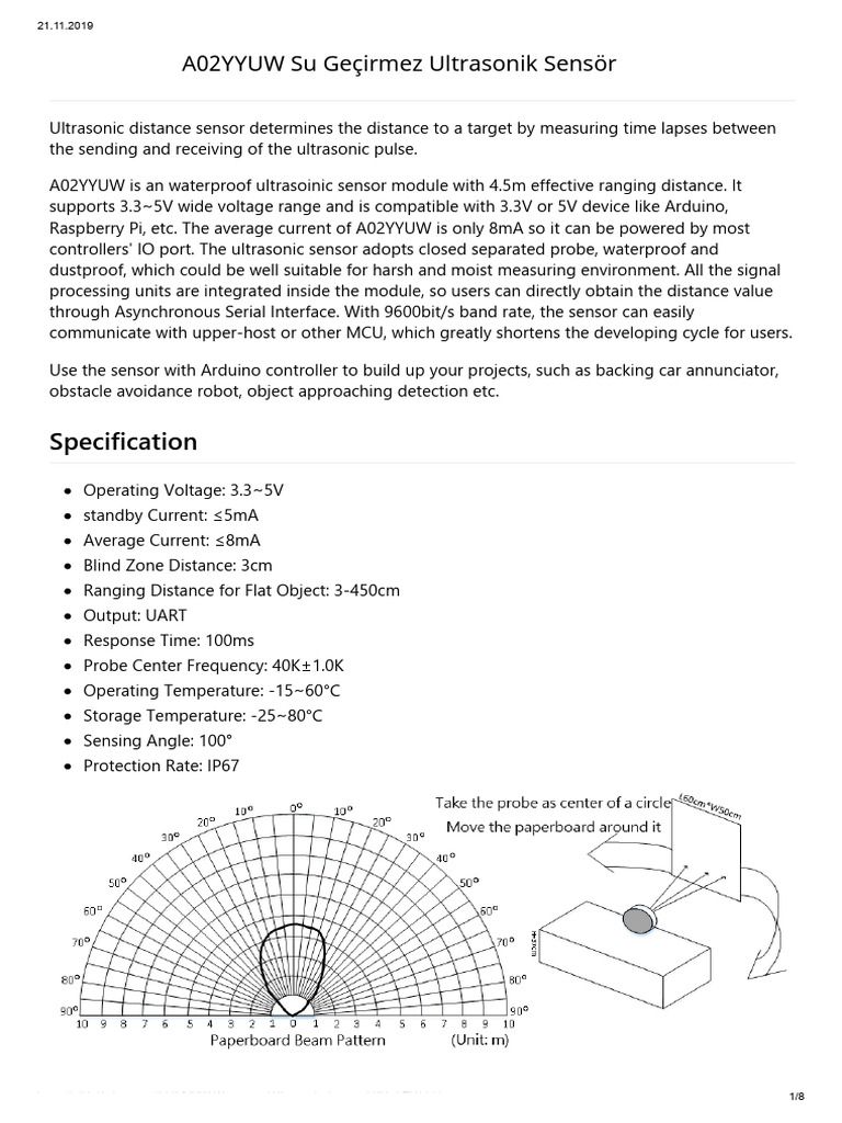 A02yyuw Su Gecirmez Ultrasonik Sensor Datasheet | PDF | Sensor | Computing