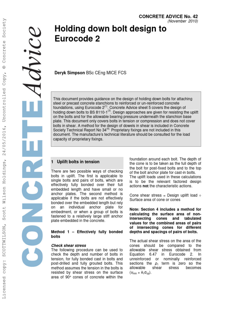 Eurocode 2 Holding Down Bolt Design | PDF | Stress (Mechanics ...