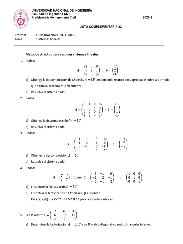 Ejercicios Complementarios #3 - Sistemas de Ecuaciones Lineales | Descargar gratis PDF | Álgebra ...