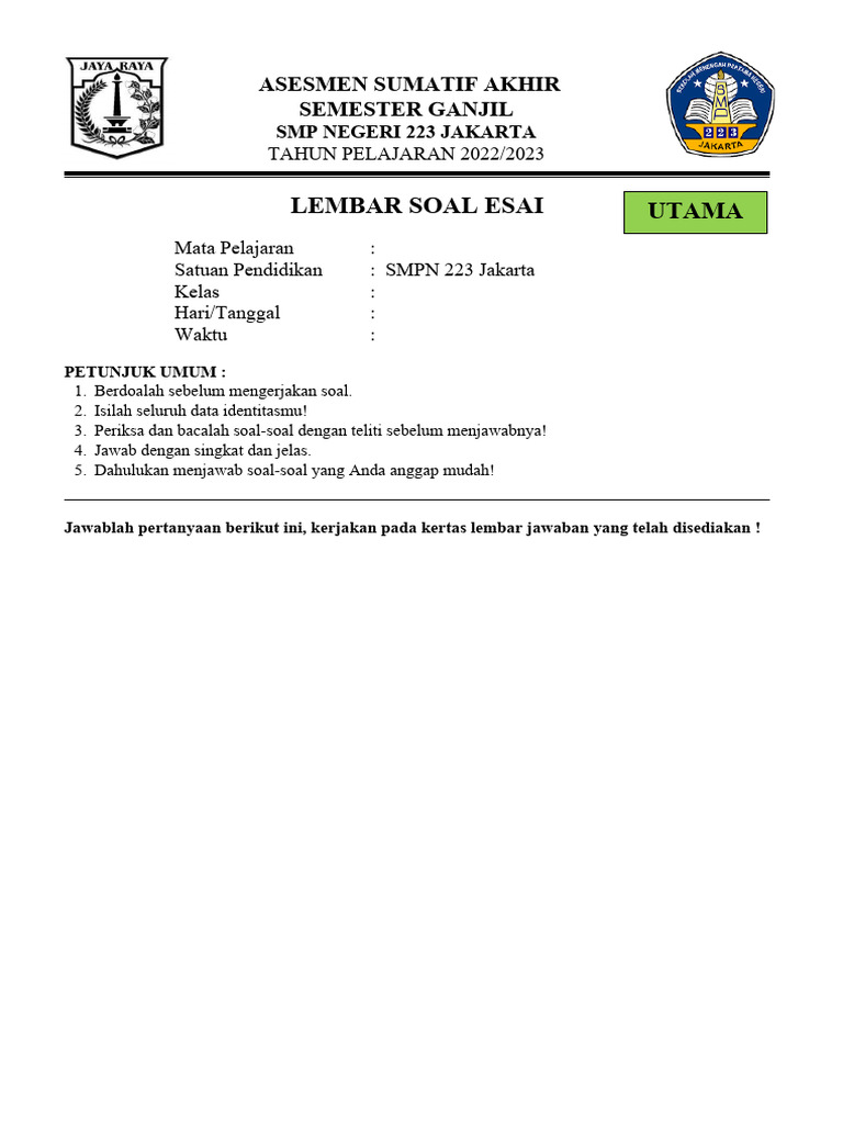 Format Soal Esai Kosongan - Asas Ganjil 23 | PDF